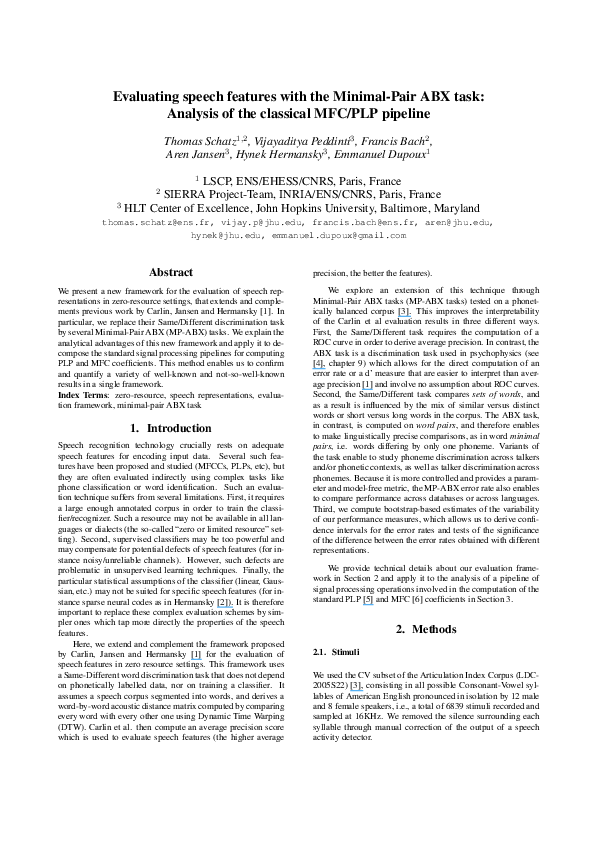 (PDF) Evaluating speech features with the Minimal-Pair ABX task ...