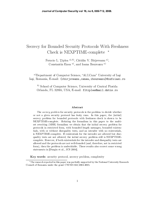 (PDF) Secrecy for bounded security protocols with freshness check is NEXPTIME-complete