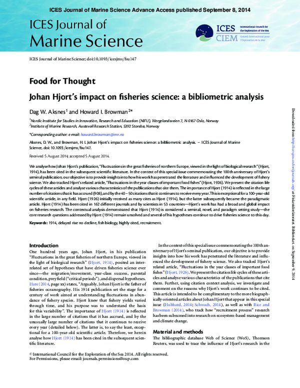 (PDF) Johan Hjort's impact on fisheries science: a bibliometric analysis