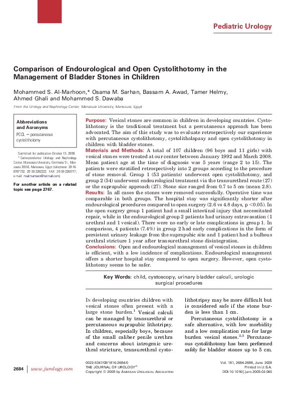 (PDF) Comparison of Endourological and Open Cystolithotomy in the ...