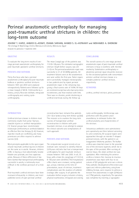 (PDF) Perineal anastomotic urethroplasty for managing post-traumatic ...