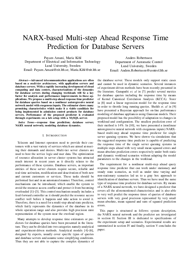 (PDF) NARX-based multi-step ahead response time prediction for database servers