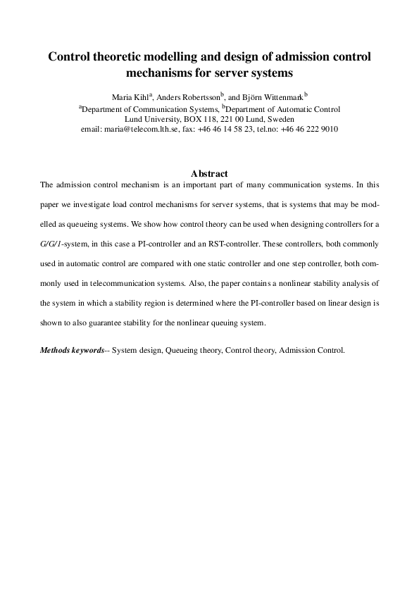 (PDF) Control Theoretic Modelling and Design of Admission Control Mechanisms for Server Systems