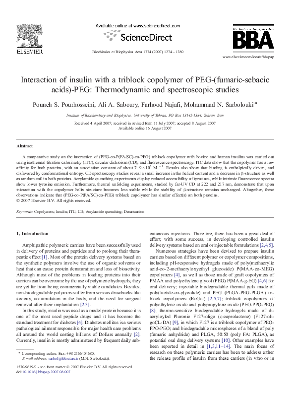 (PDF) Interaction of insulin with a triblock copolymer of PEG-(fumaric ...