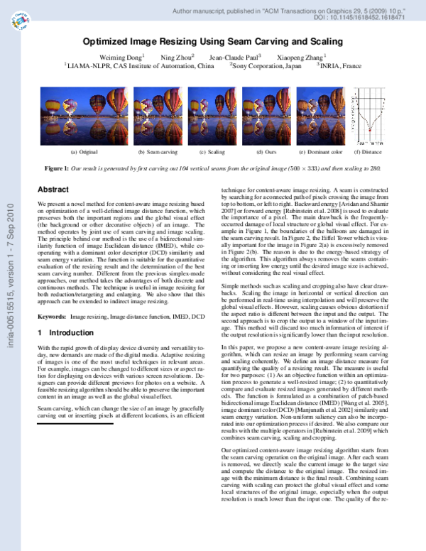 (PDF) Optimized image resizing using seam carving and scaling