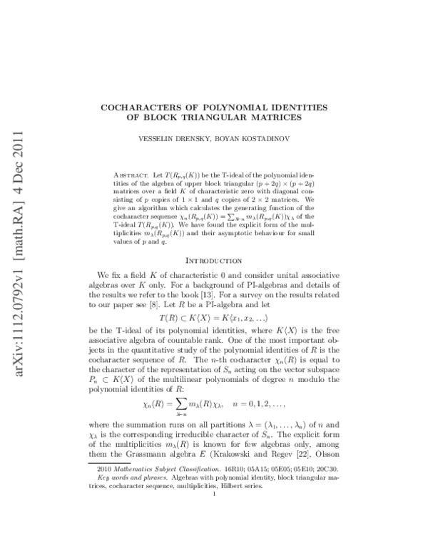 Pdf Cocharacters Of Polynomial Identities Of Block Triangular Matrices