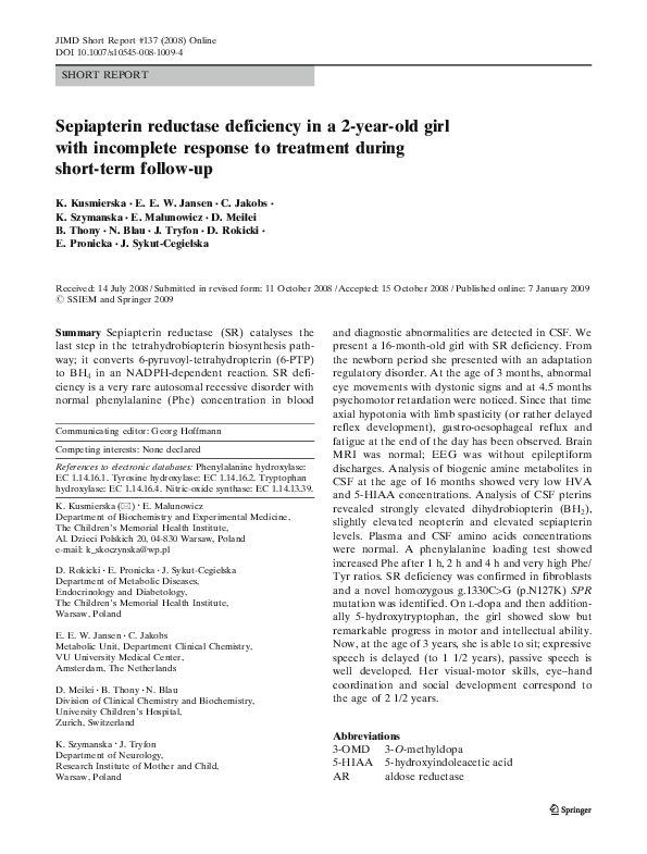 (PDF) Sepiapterin Reductase Deficiency: A Case Study