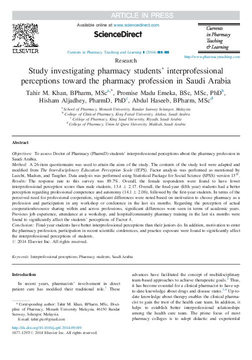 (PDF) Study Investigating pharmacy student inter-professional ...