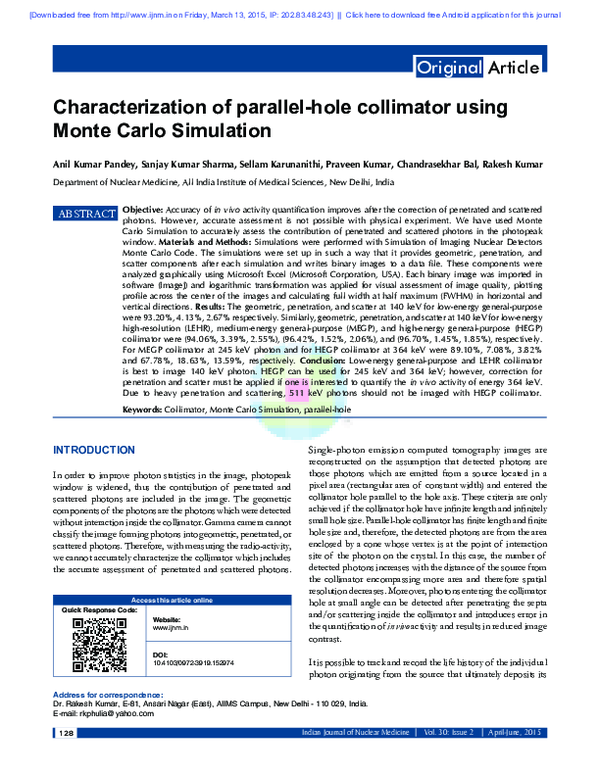 (PDF) Characterization of parallel-hole collimator using Monte Carlo Simulation
