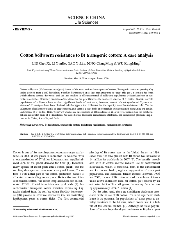 (PDF) Cotton bollworm resistance to Bt transgenic cotton: A case analysis