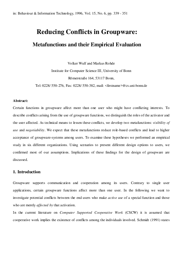(PDF) Reducing conflicts in groupware: Metafunctions and their empirical evaluation