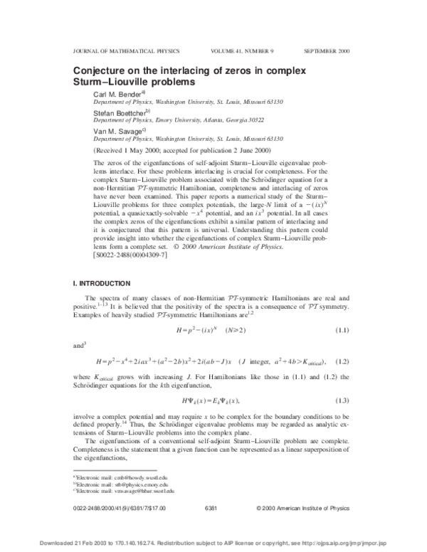 (PDF) Conjecture on the interlacing of zeros in complex Sturm–Liouville problems
