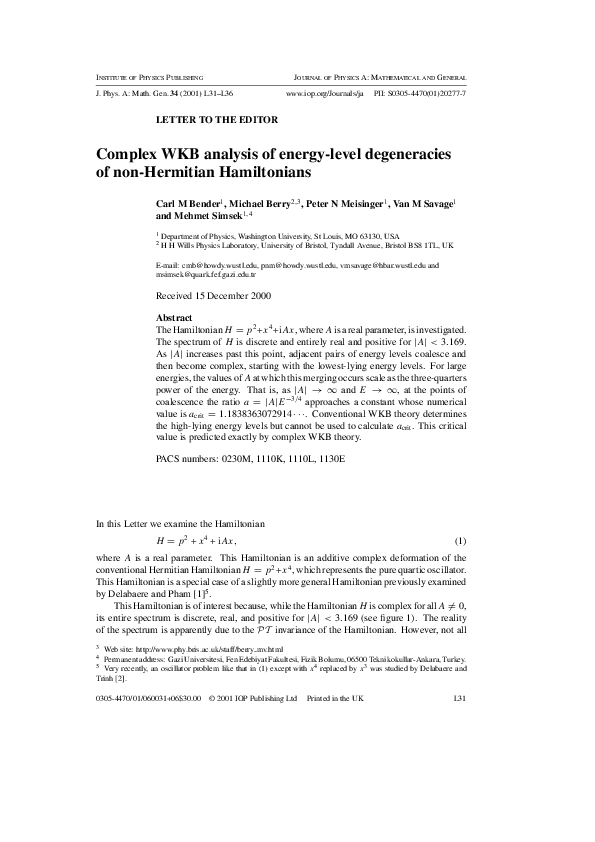 (PDF) Complex WKB analysis of energy-level degeneracies of non ...
