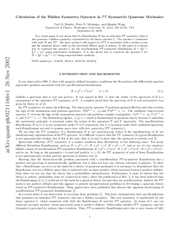 (PDF) Calculation of the hidden symmetry operator in -symmetric quantum mechanics