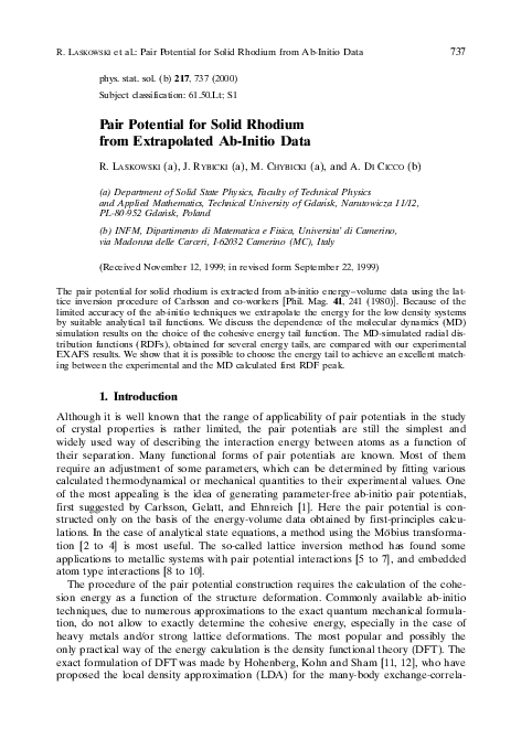 (PDF) Pair Potential for Solid Rhodium from Extrapolated Ab-Initio Data