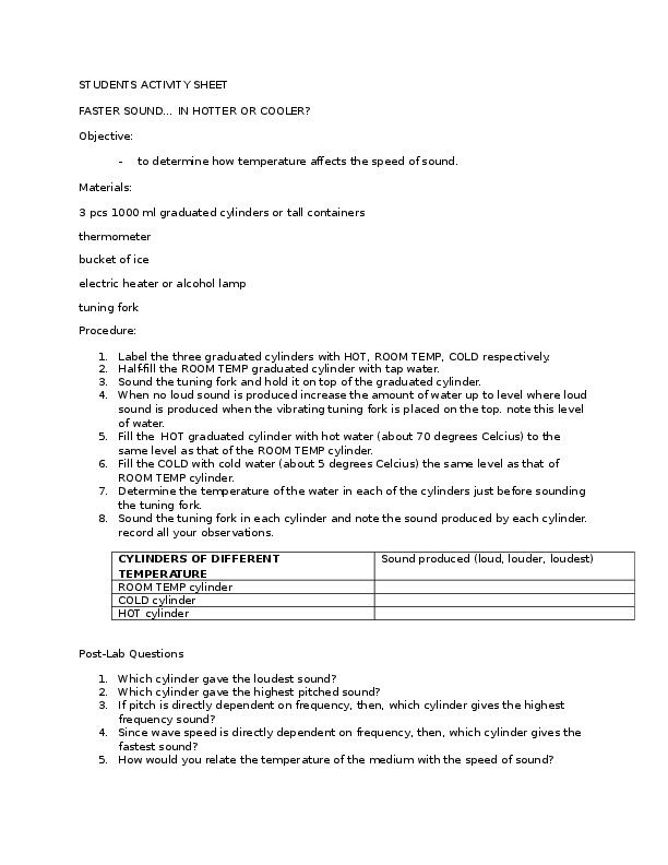 (DOC) STUDENTS ACTIVITY SHEET sound speed