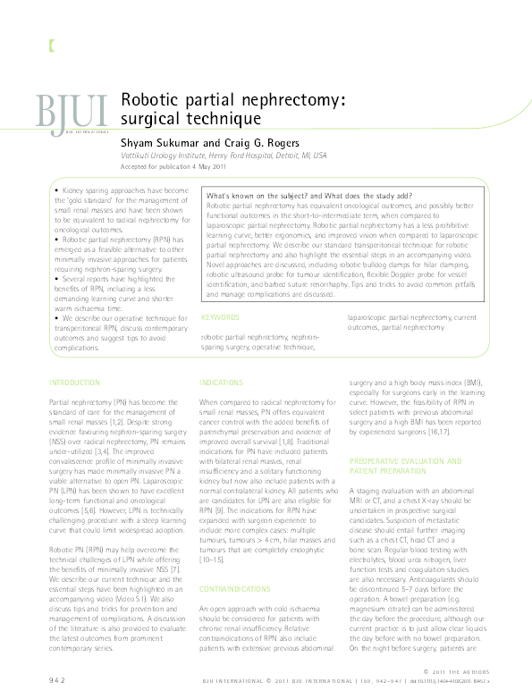 (PDF) Robotic partial nephrectomy: surgical technique