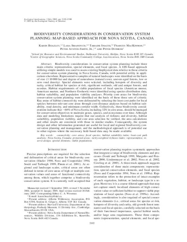 (PDF) BIODIVERSITY CONSIDERATIONS IN CONSERVATION SYSTEM PLANNING: MAP-BASED APPROACH FOR NOVA ...