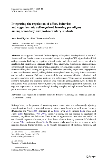 (PDF) Integrating the regulation of affect, behavior, and cognition into self-regulated learning ...