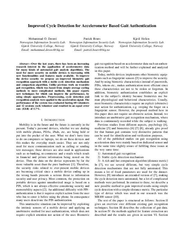 (PDF) Improved Cycle Detection for Accelerometer Based Gait Authentication