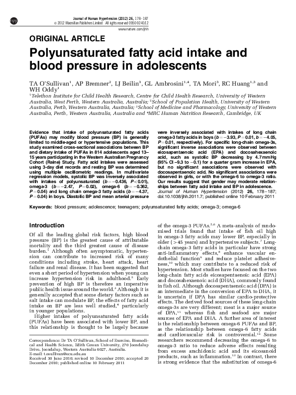 (PDF) Polyunsaturated fatty acid intake and blood pressure in adolescents