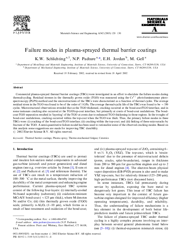 (PDF) Failure modes in plasma-sprayed thermal barrier coatings