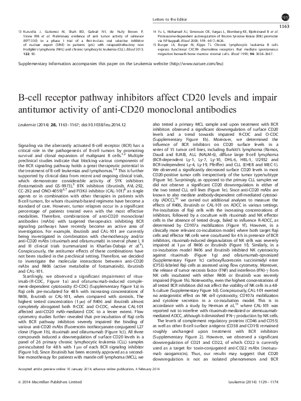 (PDF) B-cell receptor pathway inhibitors affect CD20 levels and impair antitumor activity of ...