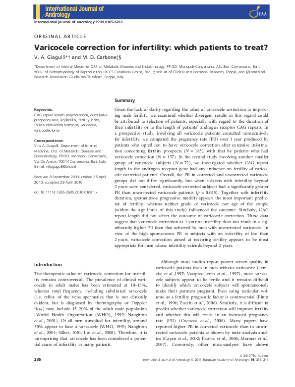 (PDF) Varicocele correction for infertility: which patients to treat?