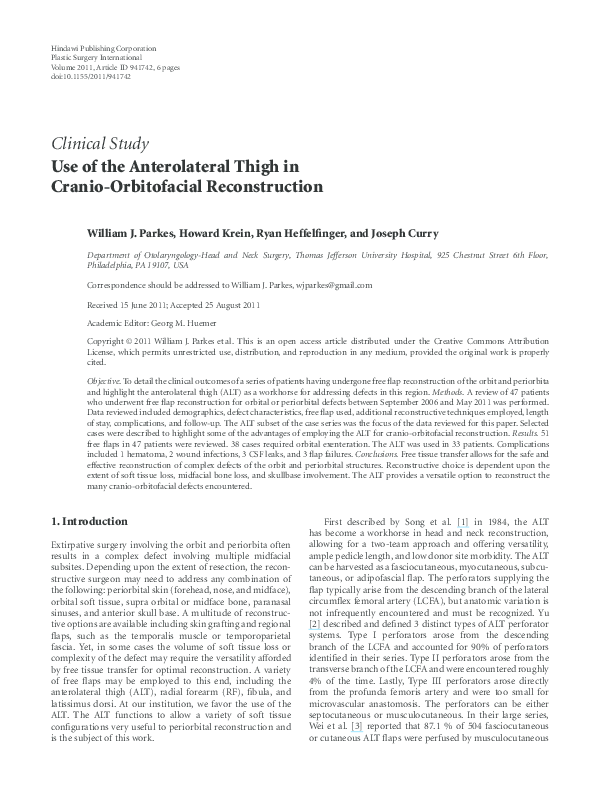 (PDF) Use of the anterolateral thigh in cranio-orbitofacial reconstruction