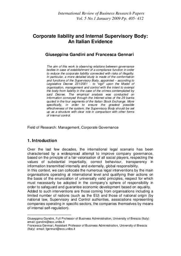 (PDF) Corporate liability and Internal Supervisory Body: An Italian ...