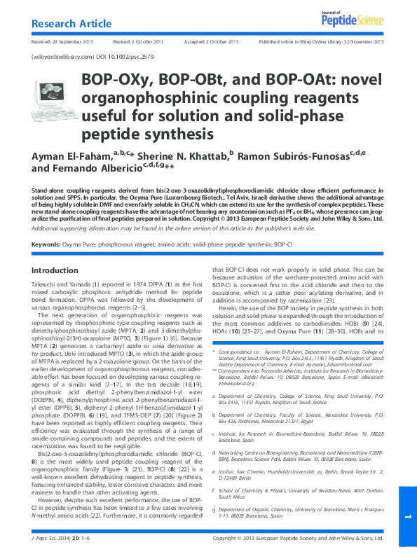 (PDF) BOP-OXy, BOP-OBt, and BOP-OAt: novel organophosphinic coupling ...