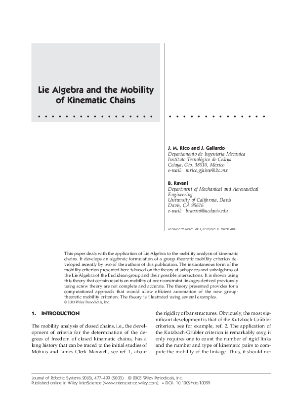 (PDF) Lie Algebra and the Mobility of Kinematic Chains