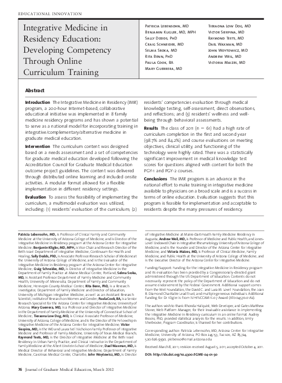 (PDF) Integrative Medicine in Residency Education: Developing ...