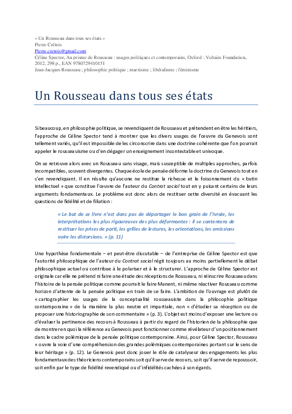 (PDF) Recension - Céline Spector, Au prisme de Rousseau