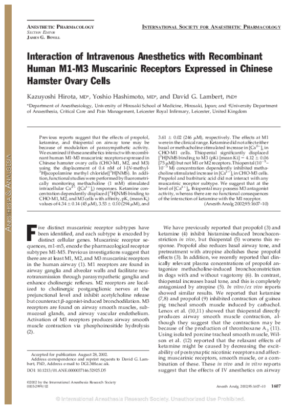 (PDF) Interaction of Intravenous Anesthetics with Recombinant Human M1 ...