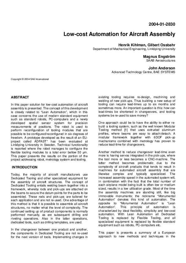 (PDF) Low-Cost Automation for Aircraft Assembly