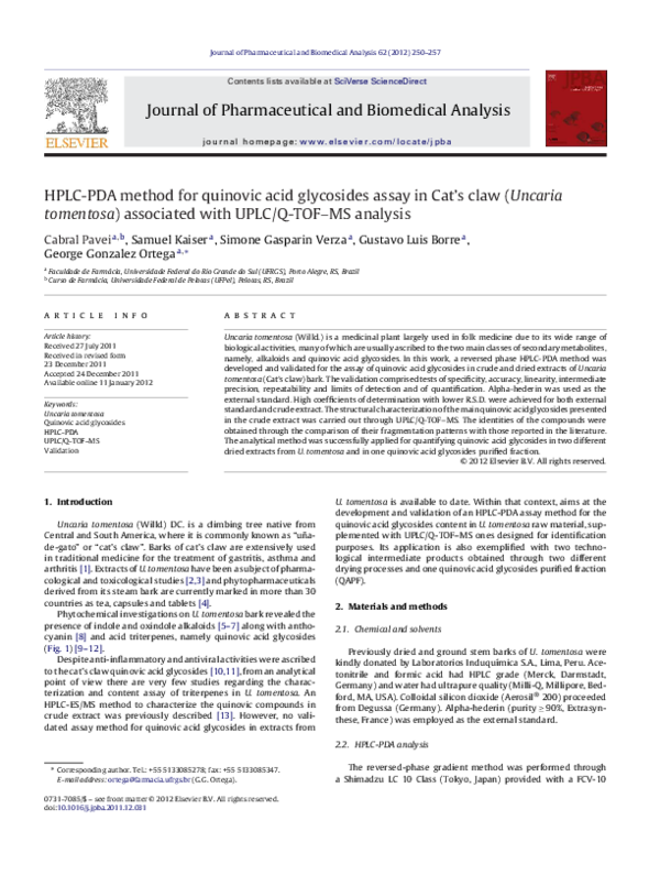 (PDF) HPLC-PDA method for quinovic acid glycosides assay in Cat's claw ...