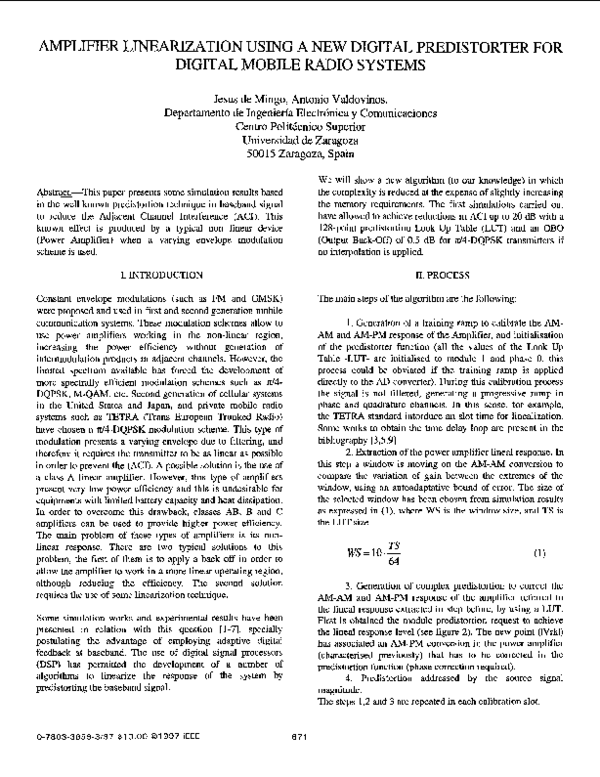 (PDF) Amplifier linearization using a new digital predistorter for digital mobile radio systems