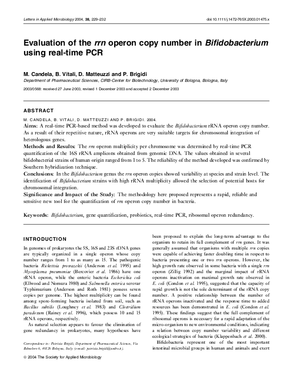 (PDF) Evaluation of the rrn operon copy number in Bifidobacterium using ...
