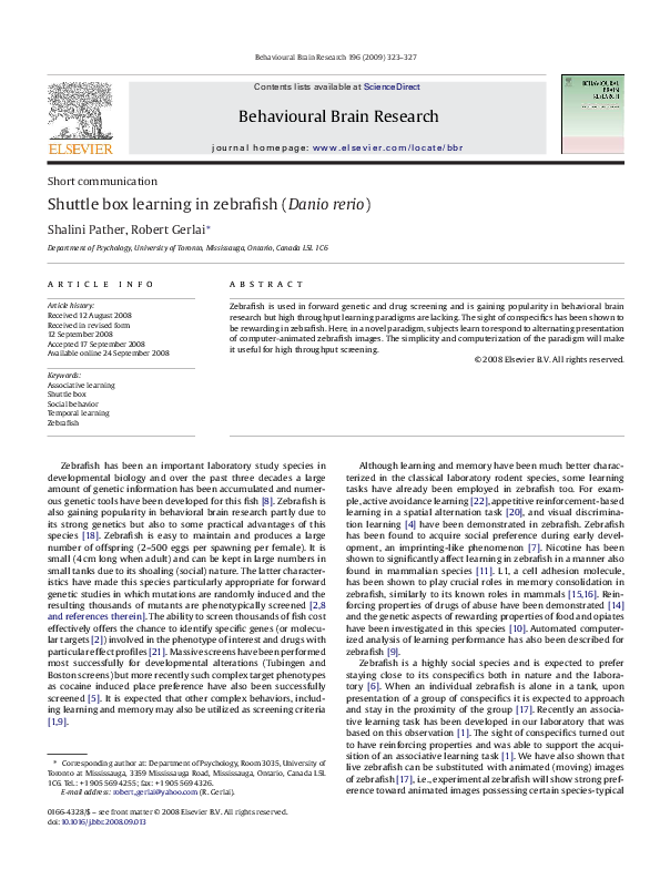 (PDF) Shuttle box learning in zebrafish (Danio rerio)