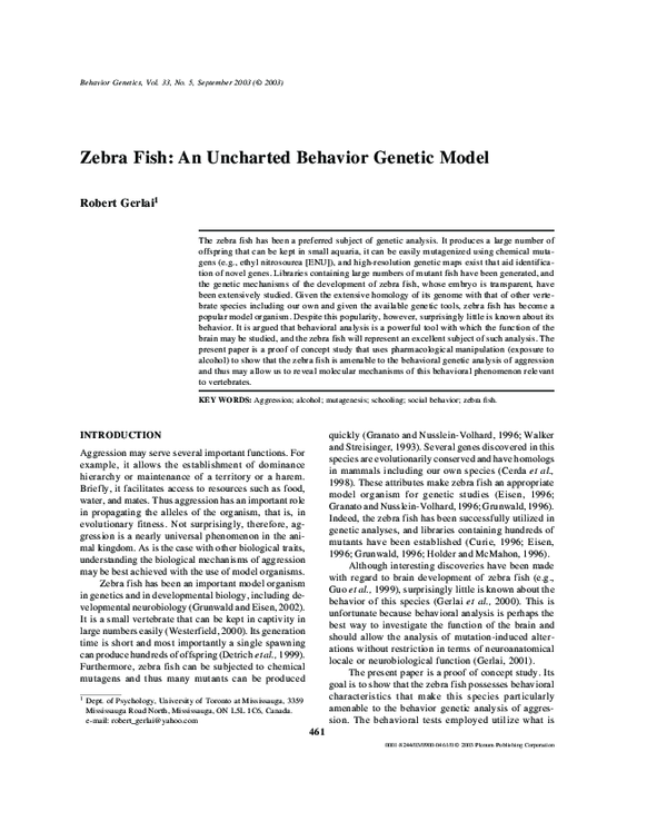 (PDF) Zebra Fish: An Uncharted Behavior Genetic Model