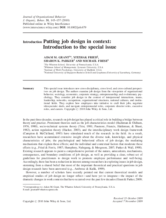 (PDF) Putting job design in context: Introduction to the special issue