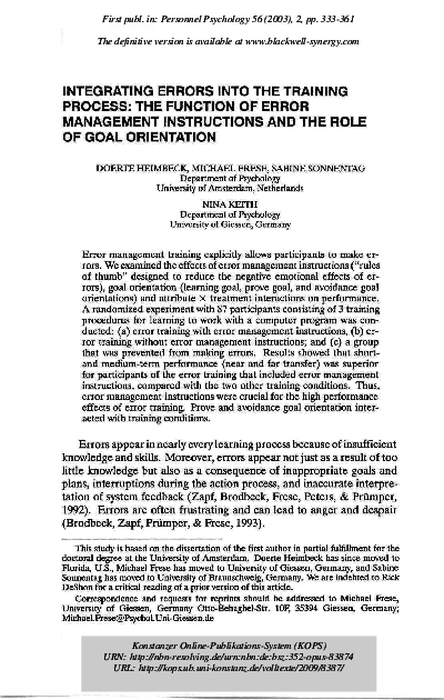 Pdf Intergrating Errors Into The Training Process The Function Of Error Management