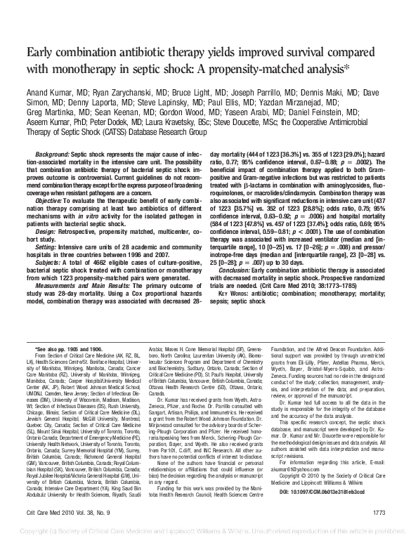 (PDF) Early combination antibiotic therapy yields improved survival ...