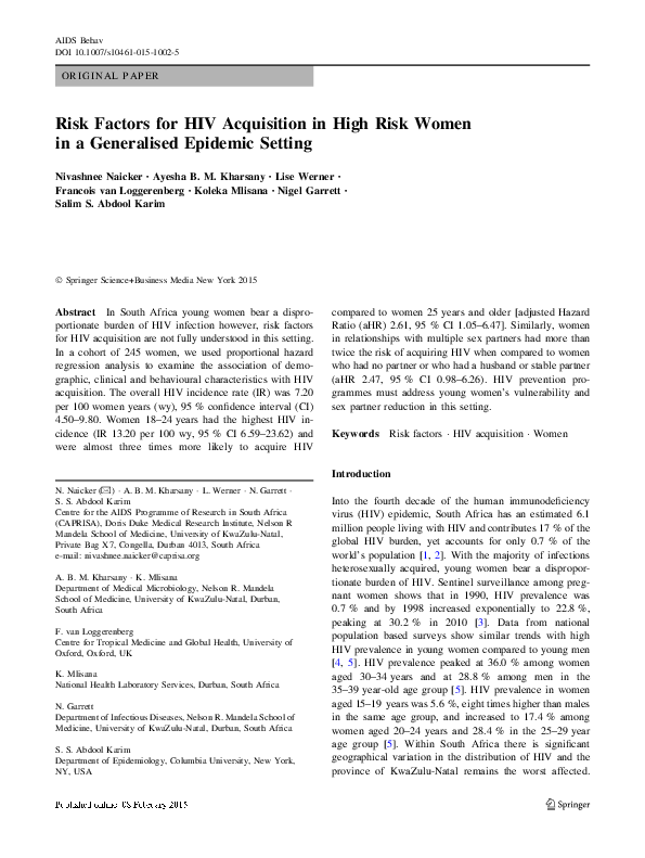 (PDF) Risk Factors for HIV Acquisition in High Risk Women in a ...