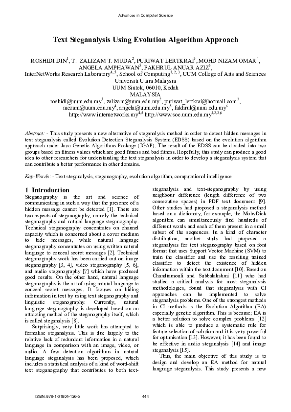 (PDF) Text Steganalysis Using Evolution Algorithm Approach