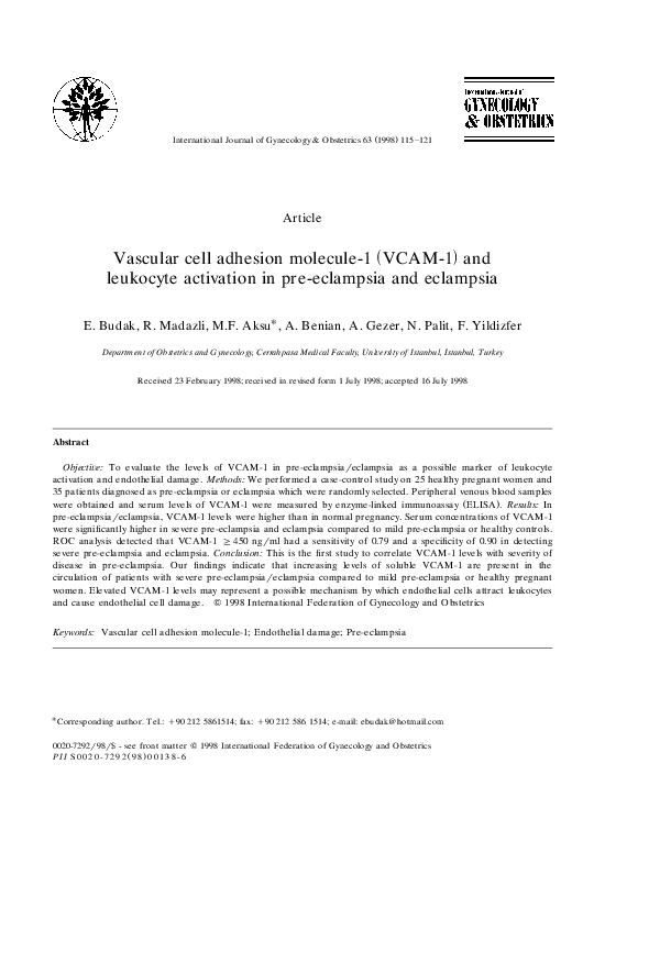 Pdf Vascular Cell Adhesion Molecule 1 Vcam 1 And Leukocyte Activation In Pre Eclampsia And