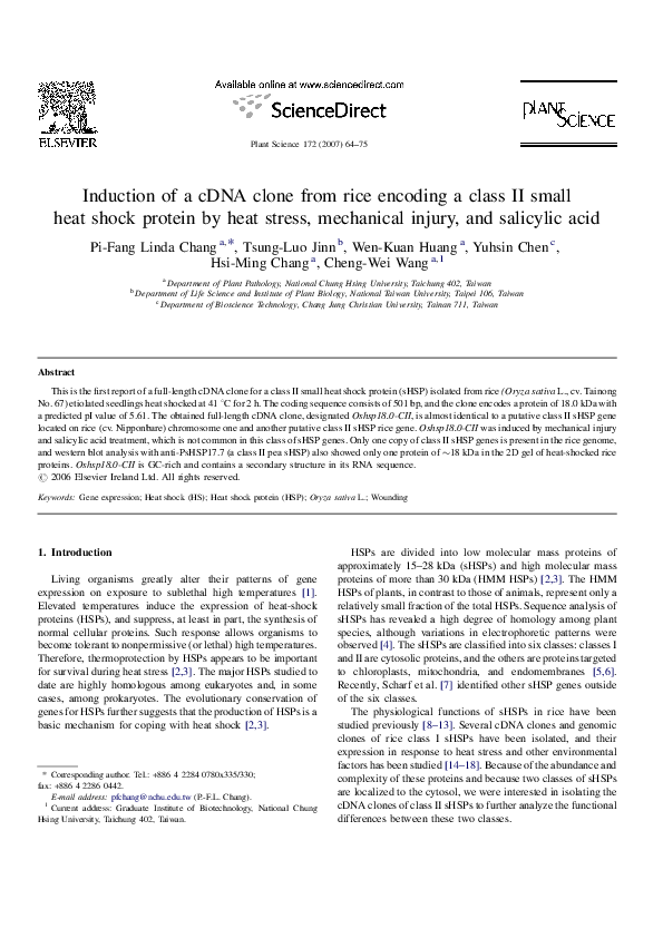 (PDF) Induction of a cDNA clone from rice encoding a class II small heat shock protein by heat ...