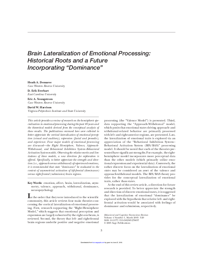 (PDF) Brain lateralization of emotional processing: historical roots ...