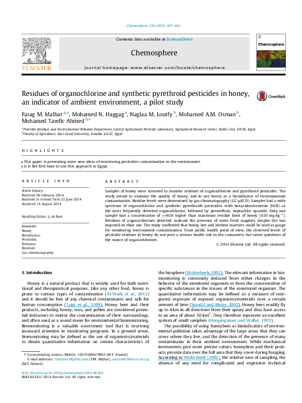 (PDF) Residues of organochlorine and synthetic pyrethroid pesticides in honey, an indicator of ...